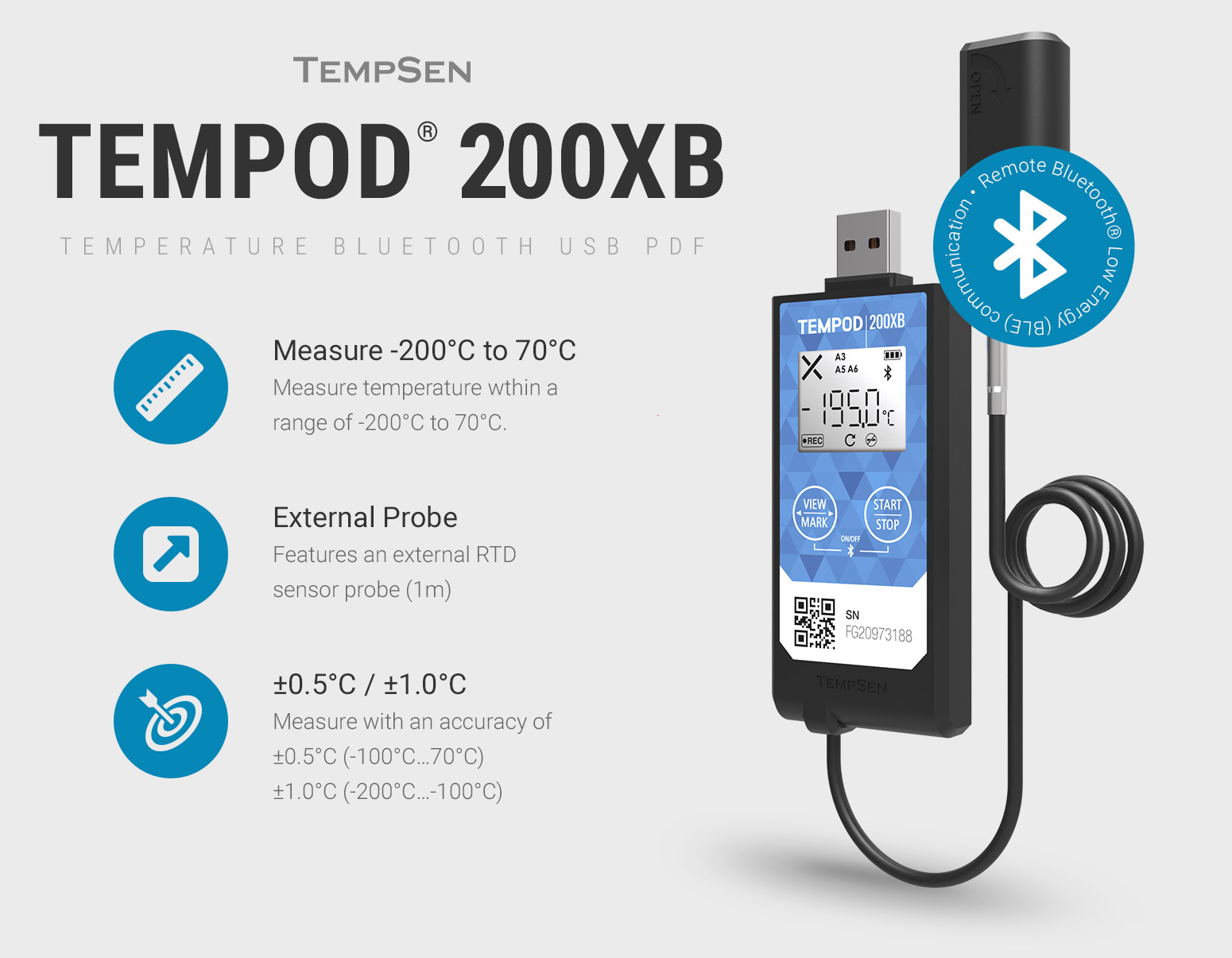 Tempod 200XB Ultra Low Temperature Bluetooth Data Logger